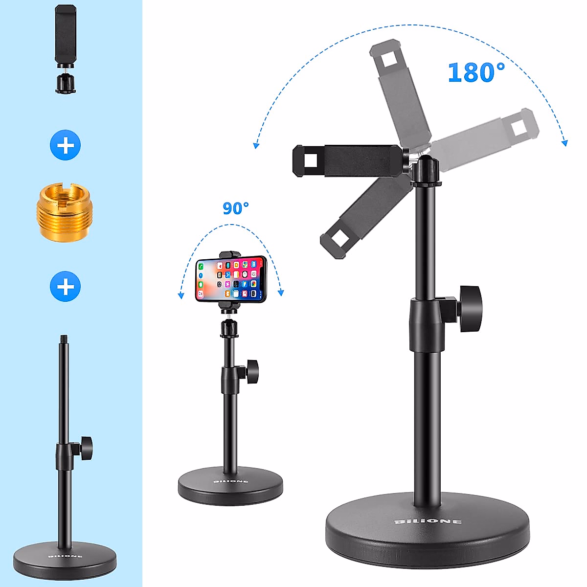 BILIONE 3 in 1 Multi-Function Desktop Microphone Stand, Adjustable Table Mic Stand with Microphone Clip, Cell Phone Clip, 5/8" Male to 3/8" Female Metal Adapter
