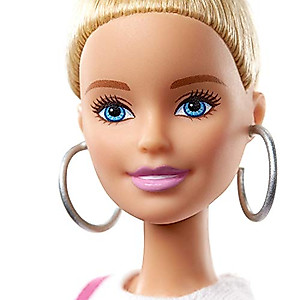 Barbie Fashionistas Doll #142 with Blonde Updo Hair Wearing Pink & Golden Plaid Dress, White Sneakers & Earrings, Toy for Kids 3 to 8 Years Old