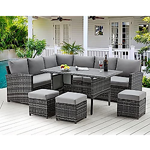 AECOJOY Patio Furniture Set, 7 Pieces Outdoor Patio Furniture with Dining Table&Chair, All Weather Wicker Conversation Set with Ottoman,Grey