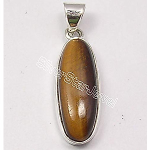 SilverStarJewel Tiger's Eye tcw 8.0 Necklace Pendant 1.3" Solid Silver Gemstone Holiday Gifting Online