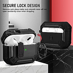 Youskin Airpod Pro Case Secure Lock Clip Case,Carbon Fiber Military Armor Series Full-Body Rugged Hard Shell Airpod Pro Case for Men Women with Keychain,Black