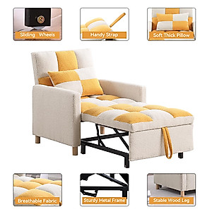 Sleeper Chair Bed - Convertible Single Sofa Chair Bed with Pillow,Pull Out Sleeper Bed with Adjustable Backrest,Multi-Functional Lounge Chair with Teddy Fabric for Apartment,Living Room (Yellow)