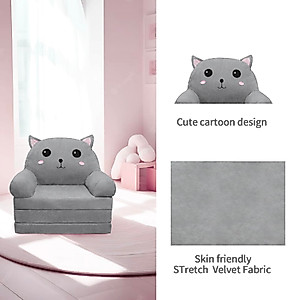Toddler Chair Kids Sofa - Toddler Sofa Kids Couch Fold Out, 2 in 1 Flip Out Couch and Mini Sofa for Girls and Boys, Baby Couch for 1-4 Year Olds - Cute and Comfy Baby Sofa (Gray Cat)