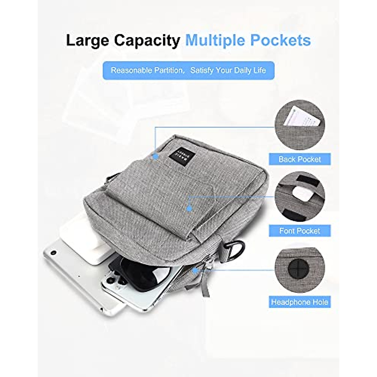 Grey Small Side Shoulder Bag Crossbody Bag for Men Women Mini Messenger Bag Satchel Bag Travel Purse Wallet Passport Holder Bag, Cell Phone Purse Neck Pouch Wallet- Unisex Large Size