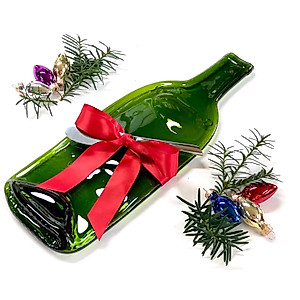 Melted Wine Bottle Cheese Serving Tray with Cheese Spreader and Red Ribbon, Unique Christmas Gift by Mitchell Glassworks