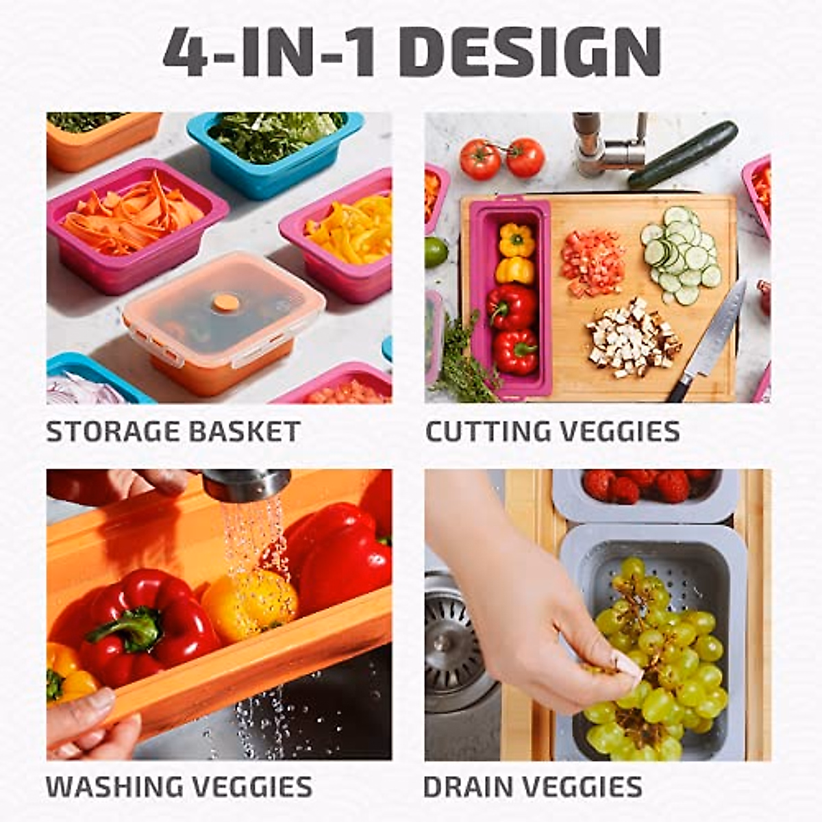 Zenprep Extra Large Bamboo Cutting Board With Containers (Set Of 9) - Over The Sink Chopping Board With Collapsible Strainers - Meal Prep Station For Meat, Cheese And Vegetable (15x20in)