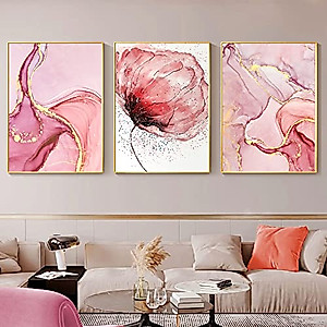 Pink Marble Abstract Wall Art Gold Foil Marble Painting Pink Flower Artwork Gold Pink Poster Prints Modern Marble Bathroom Decor Wall Art Pink and Gold Wall Decor for Living Room 16x24inch Unframed
