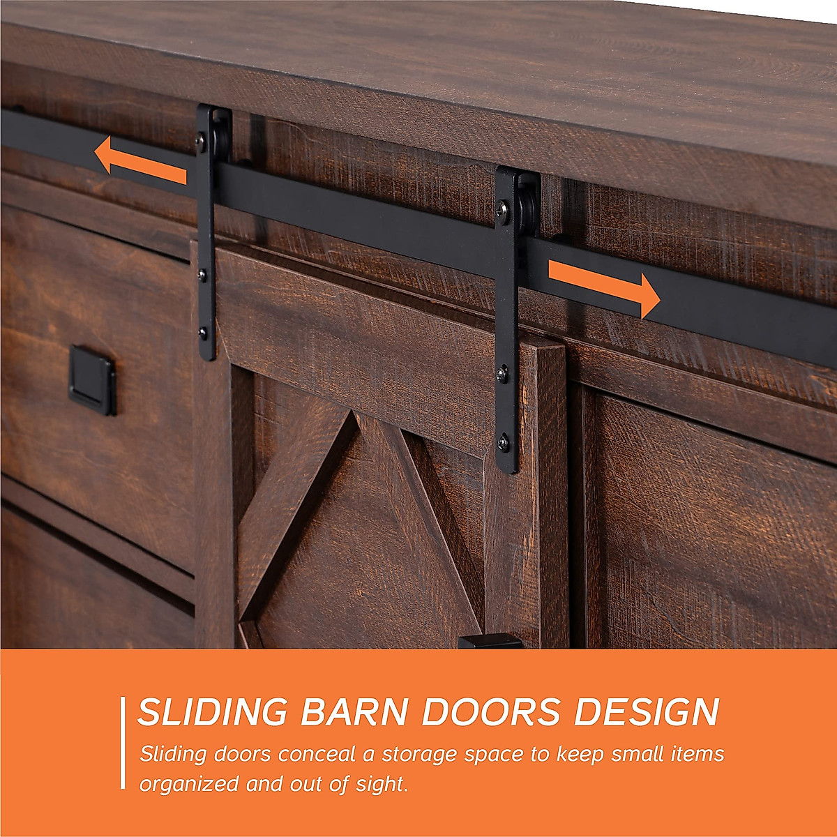 WAMPAT 118" Wide Modern Farmhouse 2 in 1 TV Stand for up to 130" TVs,Faux Bark Finish Wood Entertainment Center with 8 Drawers and Sliding Barn Doors for Living Room, Rustic Brown