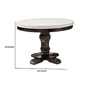 Benjara Dining Table with Marble Top and Pedestal Base, White and Gray