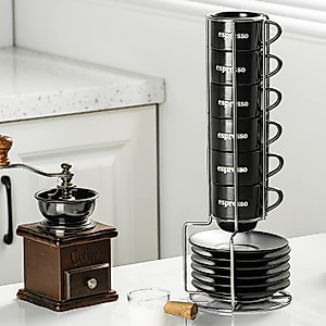 LYEOBOH Espresso Cups with Saucer Set, Porcelain Coffee Mugs Set and Metal Stand, 4 OZ Stackable Demitasse Cup for Latte, Cafe Mocha, Tea Cups, Set of 6, Silver