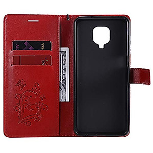EMAXELER Redmi Note 9 Pro Case Shockproof PU Leather Retro Butterfly Embossed Wallet Flip Case Magnetic Stand with Card Slot Folio Cover for Xiaomi Redmi Note 9 Pro Butterfly Red KT
