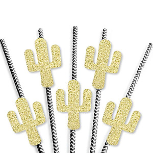 Big Dot of Happiness Gold Glitter Cactus Party Straws - No-Mess Real Gold Glitter Cut-Outs and Decorative Christmas Cactus Party Paper Straws - Set of 24