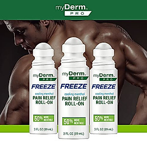 Myderm PRO Freeze Roll-On, 3 fl oz - Extra Strength 6% Menthol - ICY Roller for Elbows, Joints & Muscles - Hands-Free Topical Support - Made in The USA