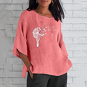 Summer Women Cotton Linen Tshirt Tops Trendy 3/4 Sleeve Casual Dandelion Tunic Tees Side Slit Comfy Soft Flowy Blouses Pink
