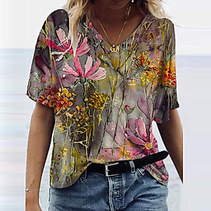 Floral Print Tops for Women Short Sleeve Plus Size T Shirts V Neck Casual Workout Shirt Vintage Graphic Boho Tees Henley Tops