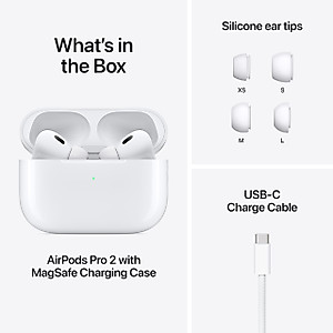 Apple AirPods Pro 2 Wireless Earbuds, Active Noise Cancellation, Hearing Aid Feature, Bluetooth Headphones, Transparency, Personalized Spatial Audio, High-Fidelity Sound, H2 Chip, USB-C Charging