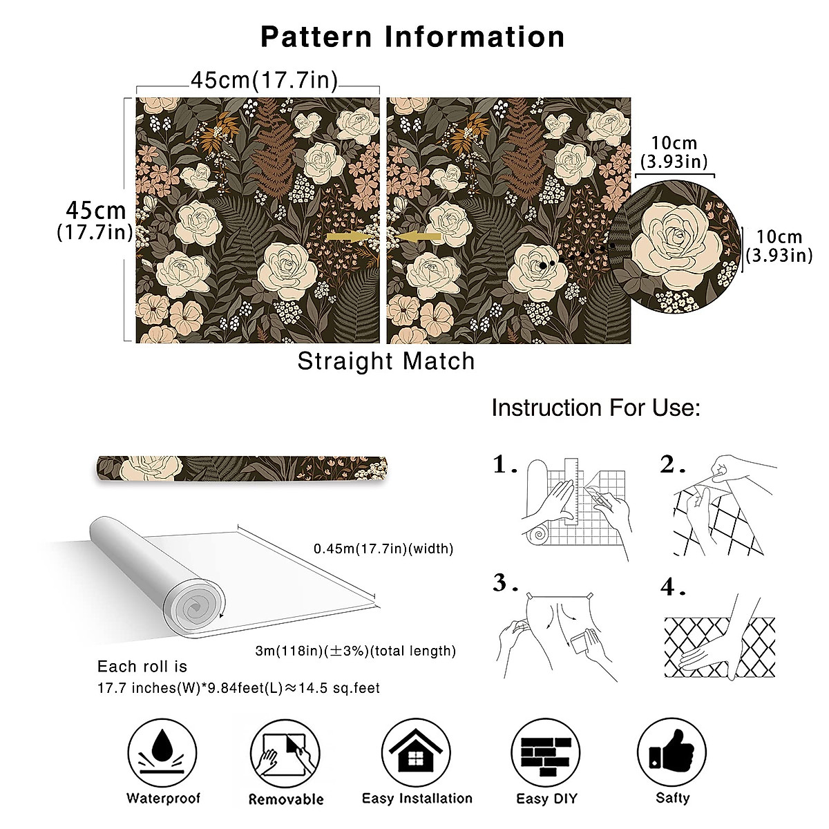 HAOKHOME Peel and Stick Wallpaper Floral Vintage Removable Rose Leaf Black/Brown/Beige Stick on Mural 17.7in x 9.8ft