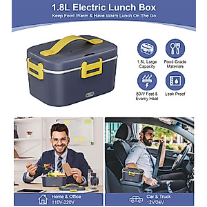 Dicorain Electric Lunch Box, 80w 1.8L Heated Lunch Box for Truck/Car/Office/Home/Work, 12/24/110v 3 In 1 Portable Food Warmer Lunch Box with Removable SS Container, Fork & Spoon (Dark Blue)