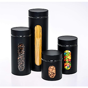 GADGETWIZ Canister Sets for Kitchen Counter - Matte Black Kitchen Decor and Accessories - Glass Canisters Sets for the Kitchen - Sugar Containers for Countertop - Kitchen Canisters Set of 4