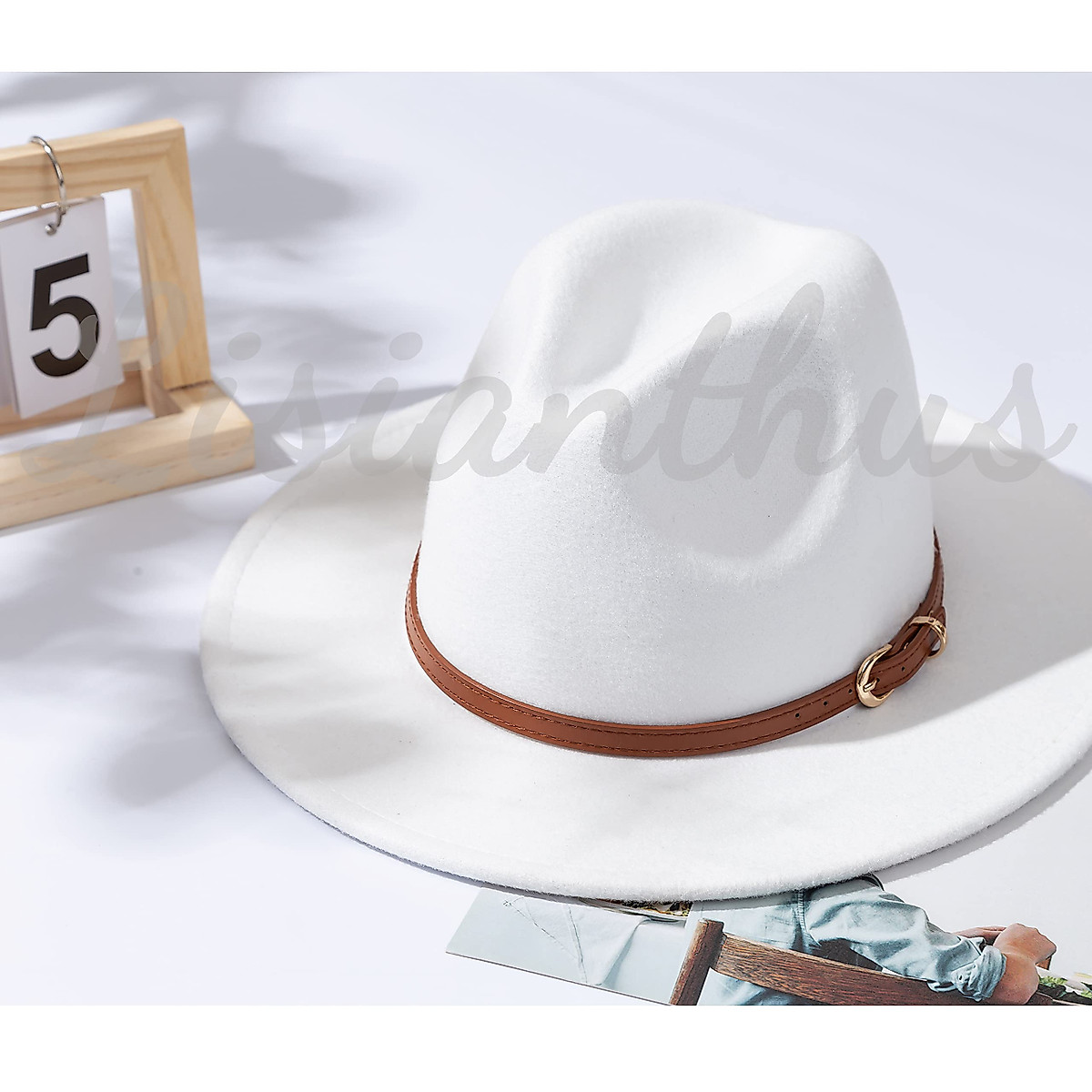 Lisianthus Women White Fedora Wide Brim Panama Hats with Color Belt Buckle (A Brown)