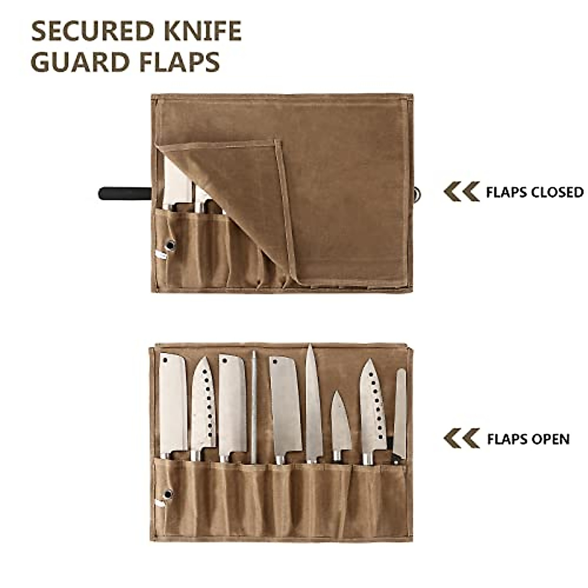 Chef Knife Roll Bag, 9 Pockets Canvas Knife Case, Knife Bag, Knife Wrap Wallet, Cutlery Knife Pouch Holders Protectors for Chef Knives Kitchen Utensils, Tool Roll (Brown)