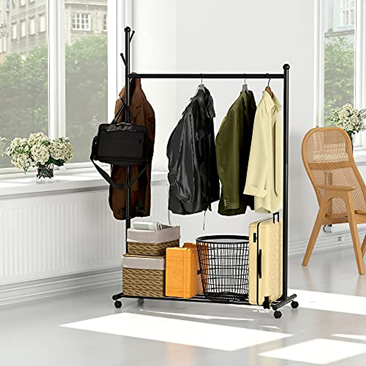 EKNITEY Clothes Garment Rack Portable - Rolling Clothing Organizer Rack on Wheels with Bottom Shelves (Black)