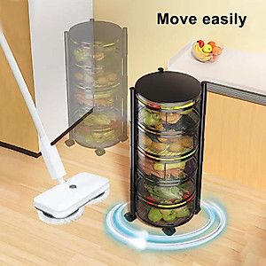 Grebest Kitchen Fruit Vegetable Storage Cart, 5 Tier Circular Rotating Basket with 360 Degree Wheels, Metal Wire Shelf with Top Lid for Living Room/Kitchen/Office Black Five Layers