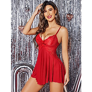 Avidlove Valentines Day Lingerie Valentines Babydoll Lace Chemise V Neck Nightgown Full Slip Nightdress Red X-Large