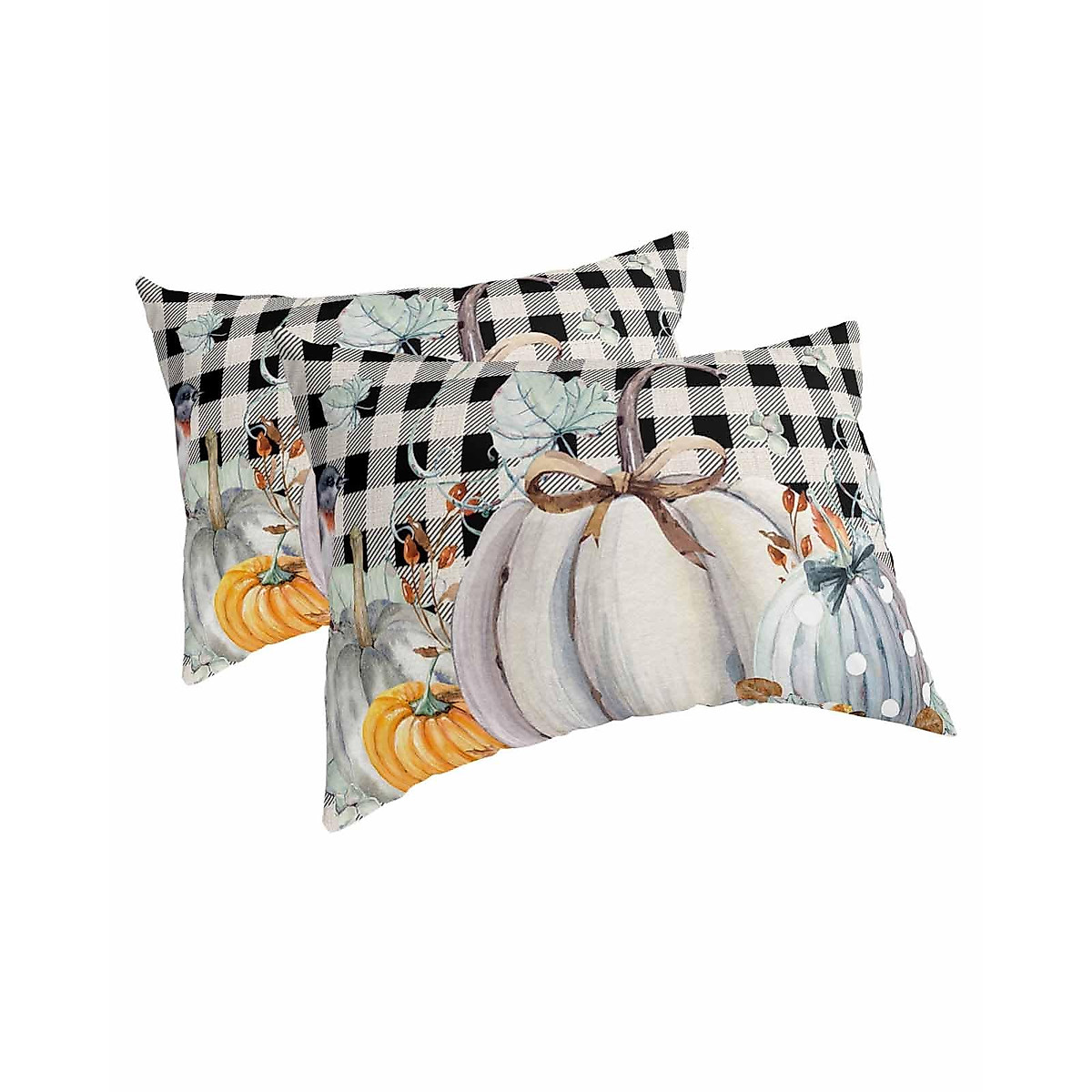 Thanksgiving Pillow Covers Standard Size Set of 2 Bed Pillow, Farmhouse Black Plaid Fall Pumpkin Maple Leaves Plush Soft Comfort for Hair/ Skin Cooling Pillowcases with Envelop Closure 20''x26''