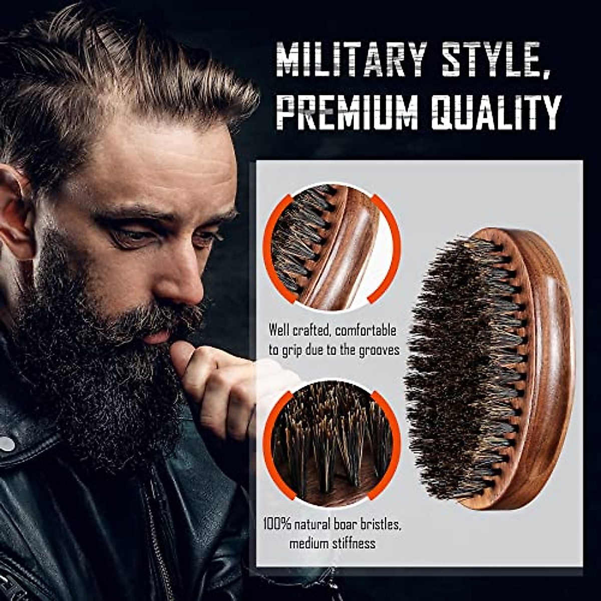 BFWood Boar Bristle Beard Brush - Black Wood Walnut Military Style