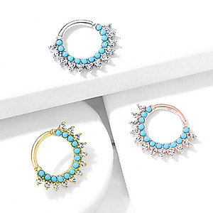 Covet Jewelry Turquoise and CZ Double Lined Bendable Hoops for Ear Cartilage, Daith, Nose Septum and More (16 GA, Length: 8mm, Platinum)