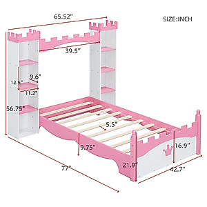 SOFTSEA Twin Size Platform Bed with Storage Shelves, Castle Shaped Bed for Kids, Twin Size Princess Bed for Girls, Kids Twin Bed Frame, No Box Spring Needed, White