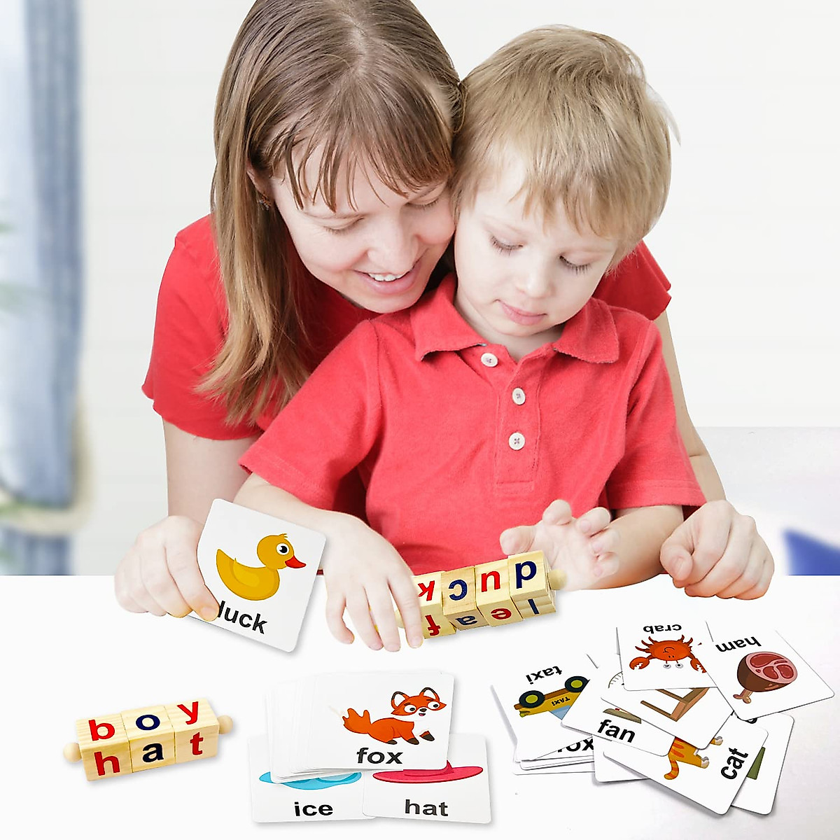 Celarlo Wooden Reading Blocks Spelling Games, Flash Cards Turning Rotating Letter Puzzle for Kids, Sight Words Montessori Spinning Alphabet Learning Toy for Boys Preschool