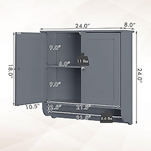 Tangkula Bathroom Cabinet Wall Mounted, Bathroom Medicine Cabinet with Bar&Double Door&Adjustable Shelf, Over The Toilet Storage Cabinet, Hanging Cabinet for Bathroom Laundry Kitchen (Gray)