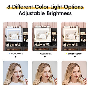 Fameill Vanity Desk with LED Sliding Mirror, Dressing Table with 4 Drawers and Stool Set, RGB Lights, Makeup Vanity 3 Color Lighting Modes Adjustable Brightness, Charging Station, Black