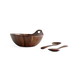 nambe Portables Wood Salad Bowl with Servers | 3-Piece Set | Acacia Wood Large Salad Bowl | Mixing Bowl with Wooden Serving Spoons | Round | Measures 11-Inches