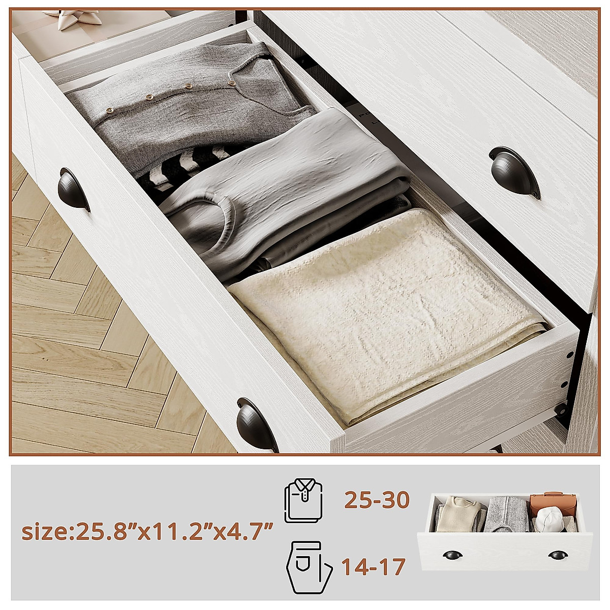 LIKIMIO Dresser for Bedroom 6 Drawer with Charging Station, TV Stand Storage Chest of Drawers for Living Room Hallway Entryway, MDF Board, White