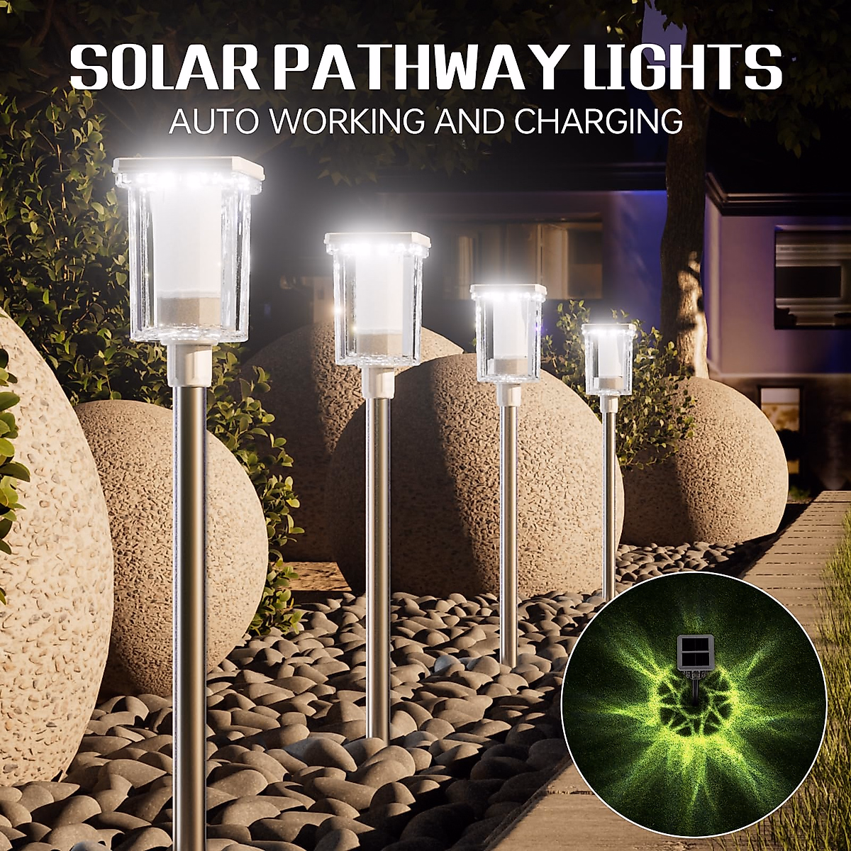NEWMESSI Outdoor Solar Pathway Lights for Yard/Garden/Walkway, with 8 LED Beads, IP54 Waterproof, High Brightness, 600mAh Battery, Stainless Steel Pole, Solar Landscape Path Light (10 Pack)