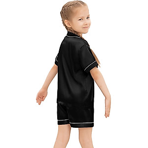 SWOMOG Kids Silk Satin Pajamas Set Girls Boys Button-Down Sleepwear Short Sleeve 2 Piece PJs Sets Lounge Sets Black 120 CM