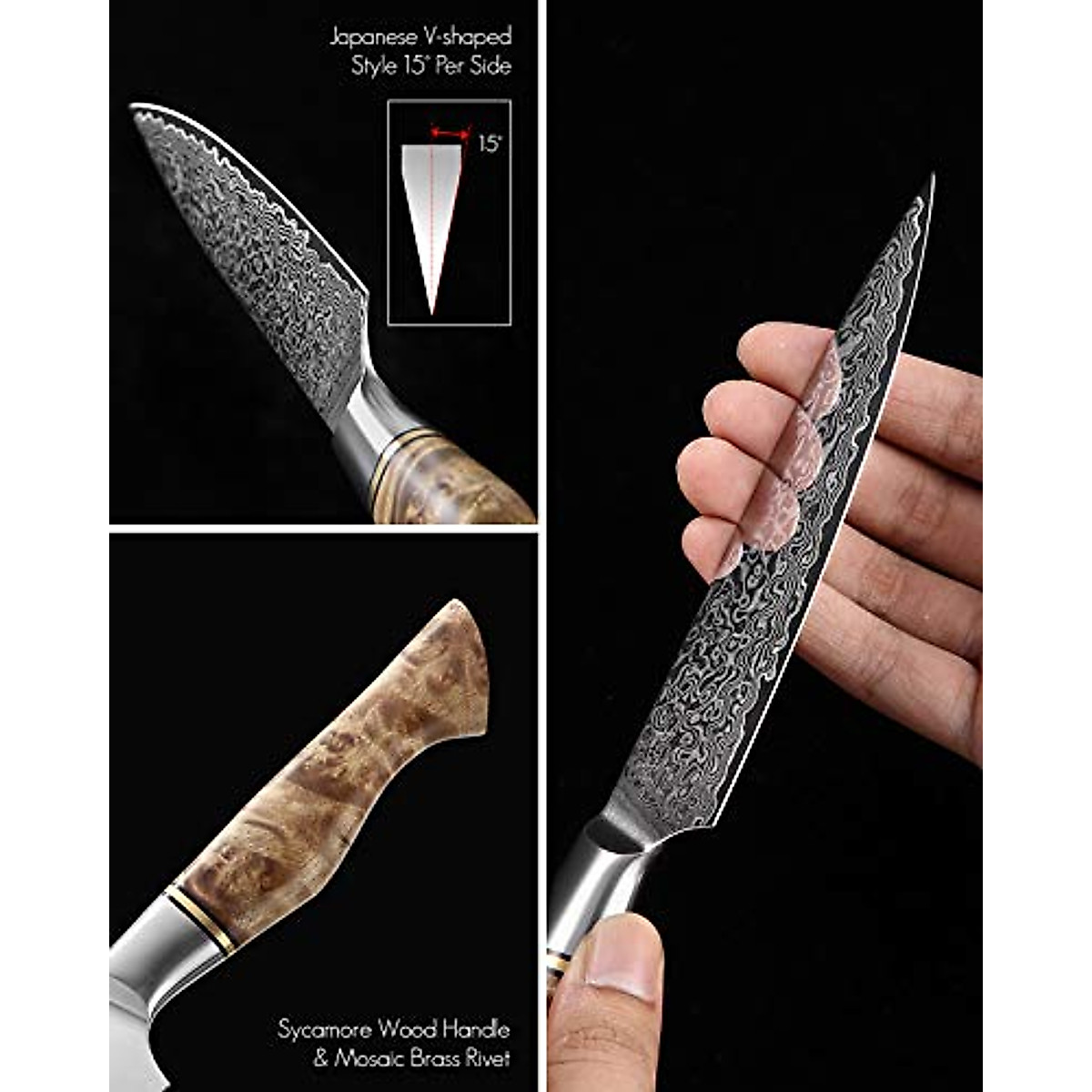 HEZHEN 5 inch Utility Knife with Razor Sharp- Damascus Steel with Rose Pattern Multifunctional VG10 Professional Paring-Fruit knife- Master Series Ergonomic Figured Sycamore Wood Handle