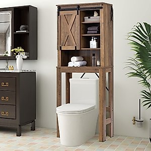 IFANNY Over The Toilet Storage Cabinet, Tall Bathroom Cabinet with Sliding Barn Door & 3-Level Adjustable Shelves, Freestanding 4-Tier Over Toilet Shelf, Farmhouse Bathroom Space Saver, Rustic Brown