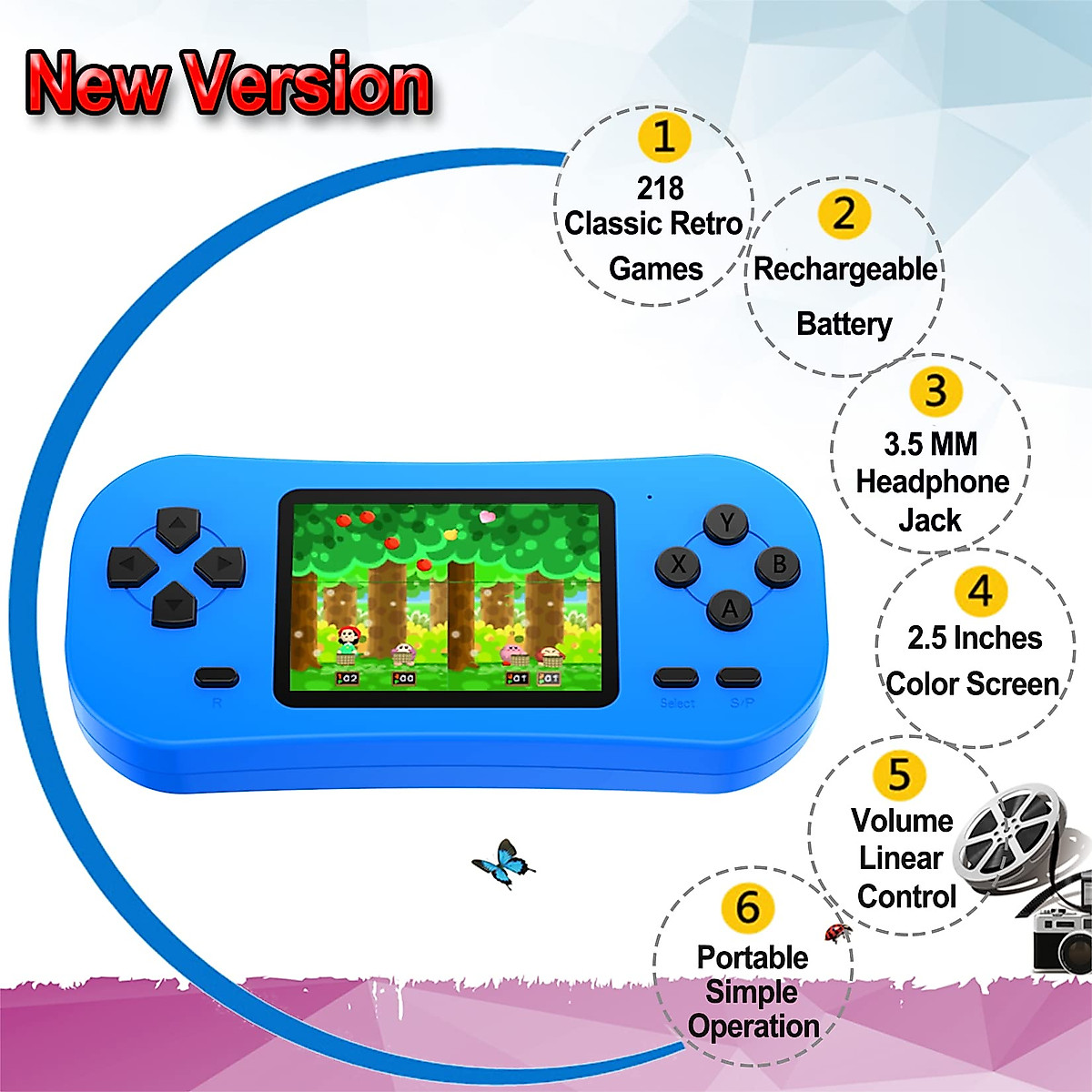 Beijue Retro Handheld Games for Kids Built in 218 Classic Old Style Electronic Game 2.5'' Screen 3.5MM Earphone Jack USB Rechargeable Portable Video Player Children Travel Holiday Entertain (Blue)