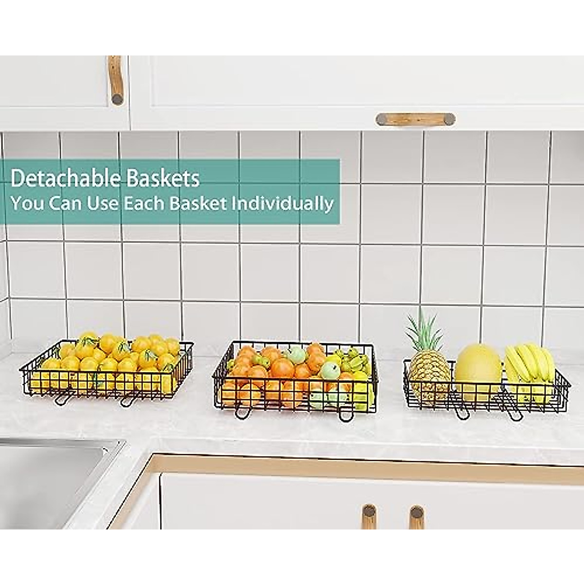 Fruit Basket for Kitchen Counter, 3-tier Fruit Holder Stand for Kitchen Countertop, Large Capacity Fruit Bowl Baskets for Kitchen Counter, Wire Baskets for Storage of Snack Produce Potato Onion