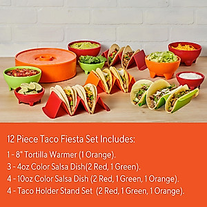 IMUSA 12 Piece Taco Fiesta Set, Kit Includes (1) 8" Tortilla Warmer, (3) Small Salsa Dishes, (4) Large Salsa Dishes (4) Taco Holder Stands
