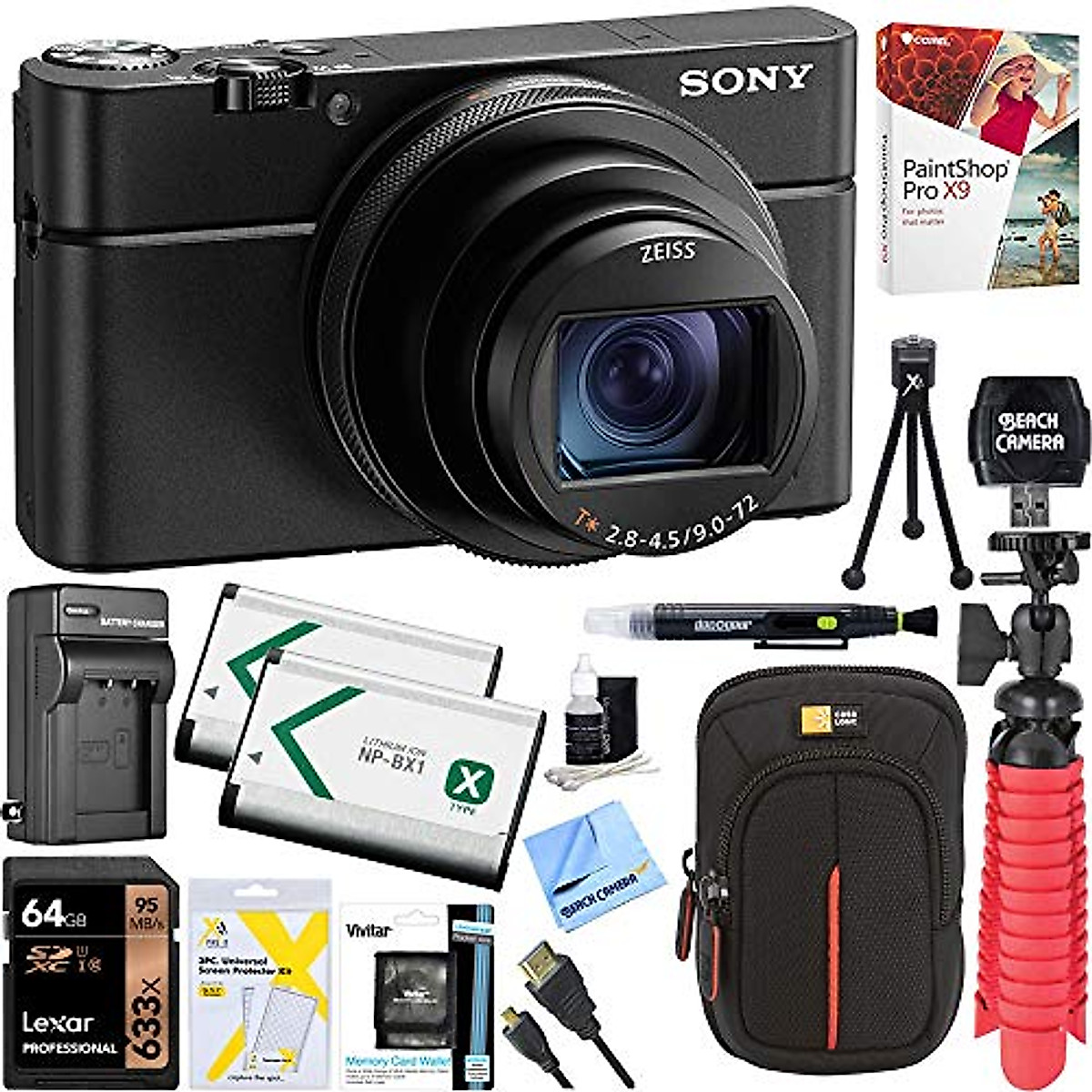 Sony DSC-RX100M6 RX100 VI Cyber-Shot Digital Camera 20.1 MP with 24-200mm Zoom Lens + Lexar 64GB SDHC/SDXC UHS-I Card + Dual Battery Kit + Accessory Bundle
