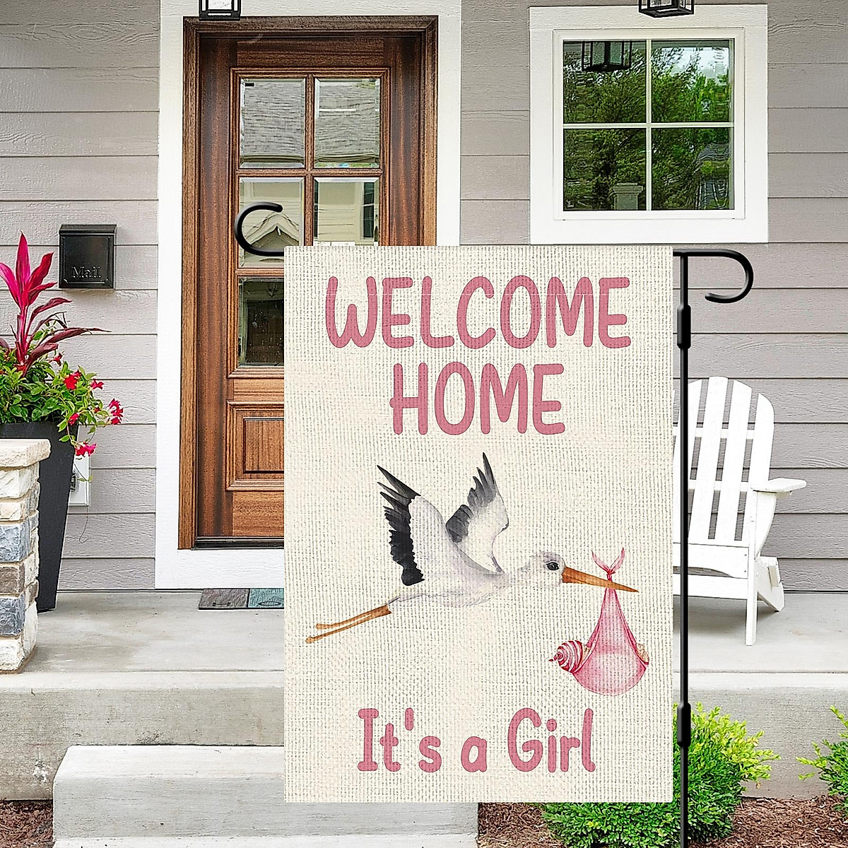 DLZDN Welcome Home Baby Girl Garden Flag Baby Shower Garden Flag 12×18 Inch Double Sided Burlap Flag Newborn Gender Reveal Lawn Yard Sign Stork Outdoor Decoration