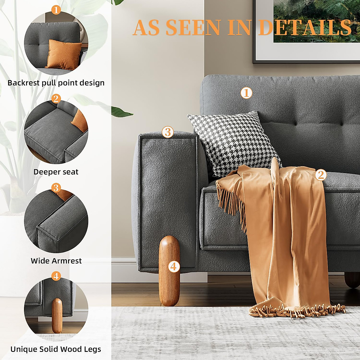 72" Modern Couch for Living Room,2 Seater Couch,Deep Seat Chenille Loveseat Sofa,Comfy Sofa, Cloud Couch,Cream Couch with Pillows for Apartment Small Space (Grey, 72in)