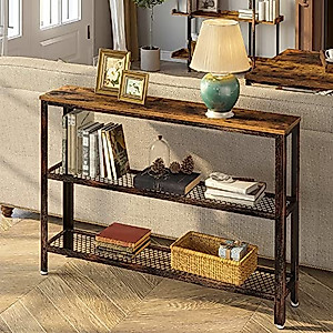 Rolanstar Console Table, Narrow Sofa Table with 2 Mesh Shelves, 47.2” Long Rustic Entryway Table with Retro Metal Frame, Entrance Table for Entryway, Hallway, Living Room, Bedroom