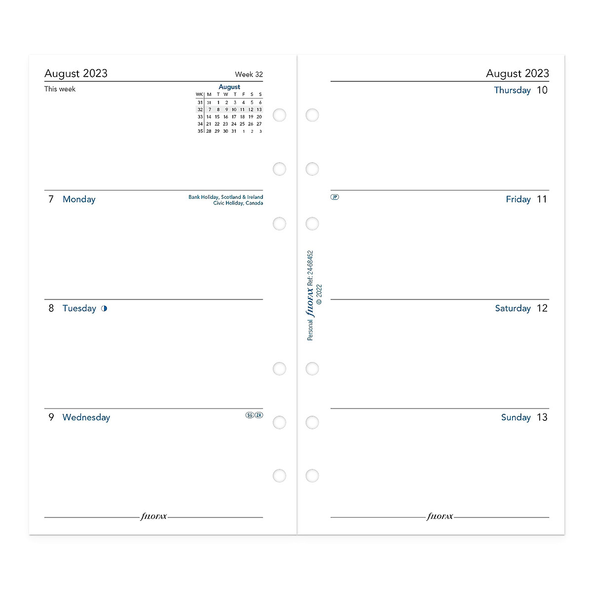 Filofax Calendar Diary Refill, Personal/Compact Size, Week-to-View, Academic, White Paper, Unruled, English, August 2023 to July 2024 (C68452-24)