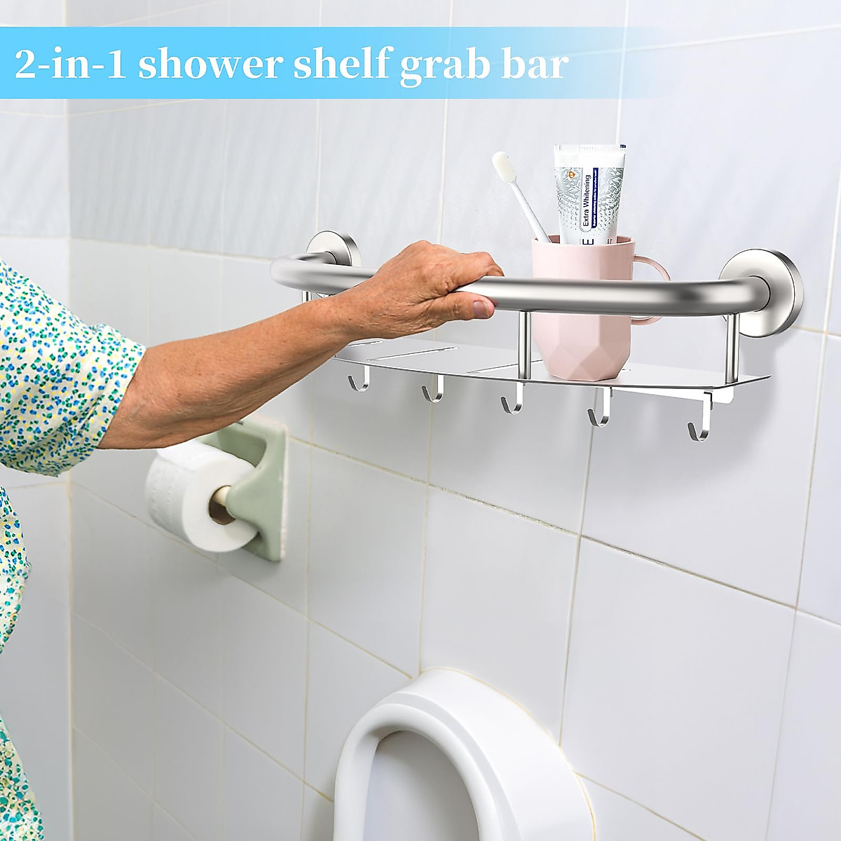 Satin Brushed Nickel Shower Grab Bar w/Storage Shelf 18 Inch, Zepolu Stainless Steel 2-in-1 Shampoo Shelf Grab Bar, Wall Mount Safety Balance Bar for Bathroom Support Handrail Assist Handle for Senior